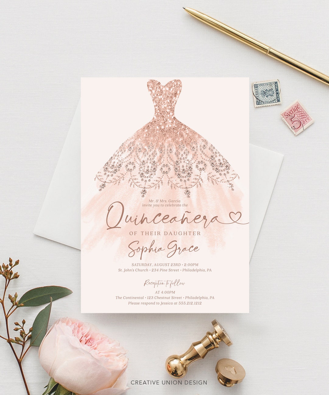 Rose Gold Quinceañera Dress Invitation Template, Mis Quince 15 Anos ...
