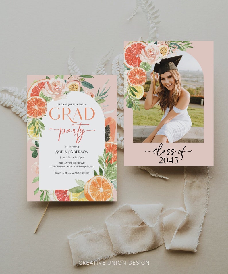 Tropical Citrus Graduation Party Invite Template, Lemon Grad Party ...