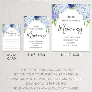 Vintage Blue Hydrangea Share A Memory Card Template, Printable Favorite ...