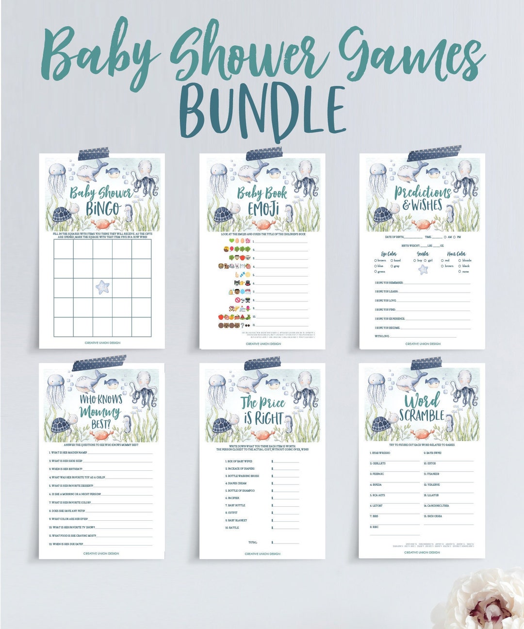 Under the Sea Baby Shower Games Bundle, 6 Baby Shower Games Package ...