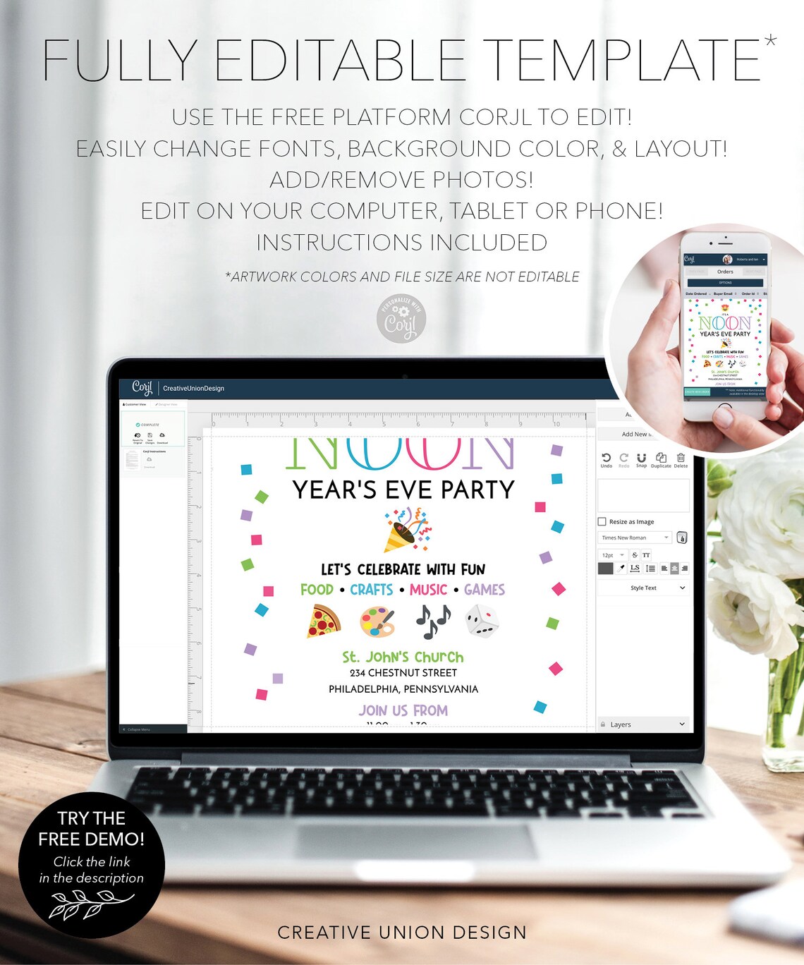 Noon Years Eve Party Flyer Invitation, Printable Holiday Party Invite ...