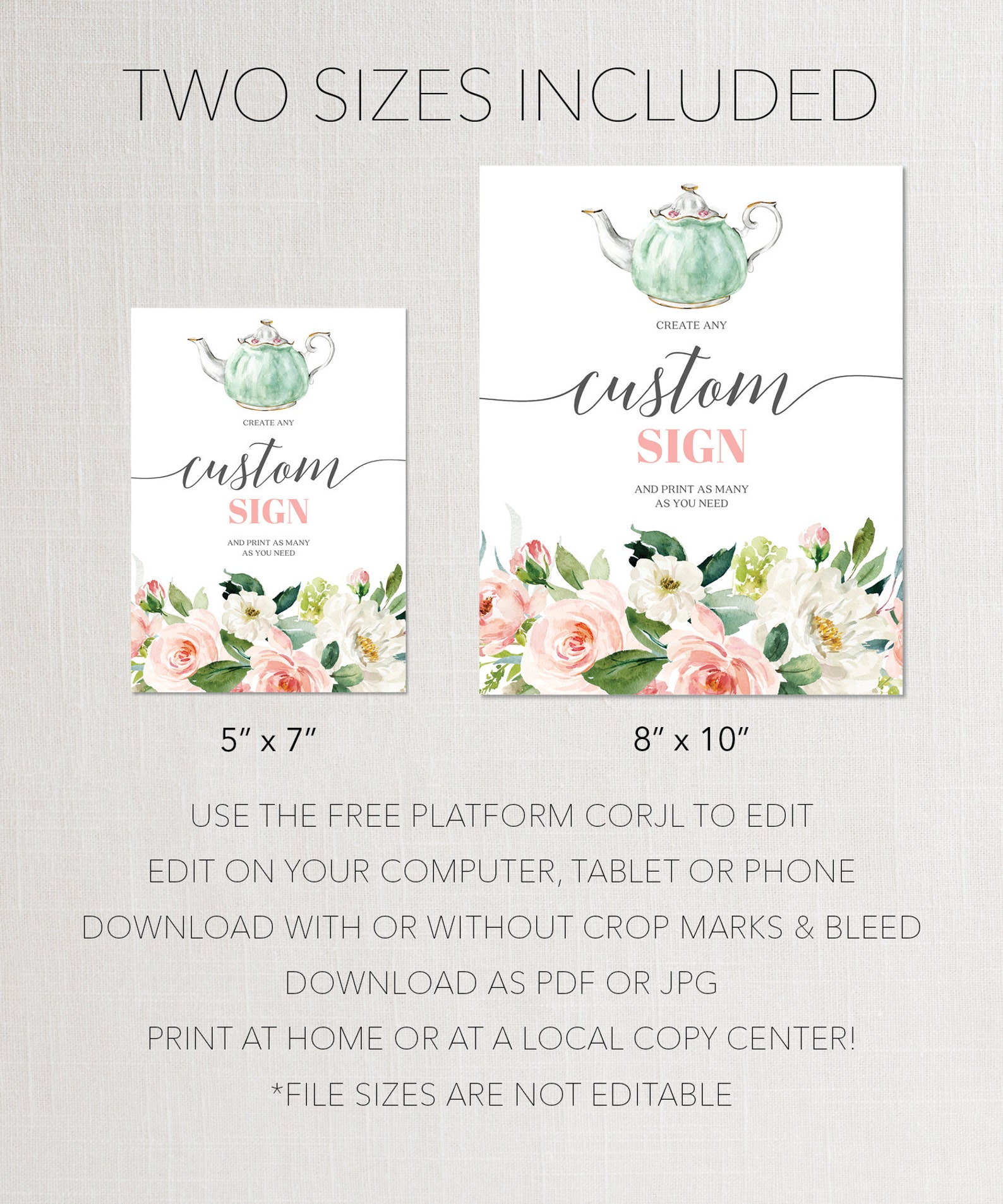 Tea Party Custom Sign Template, Editable Bridal Shower Sign, Favors ...