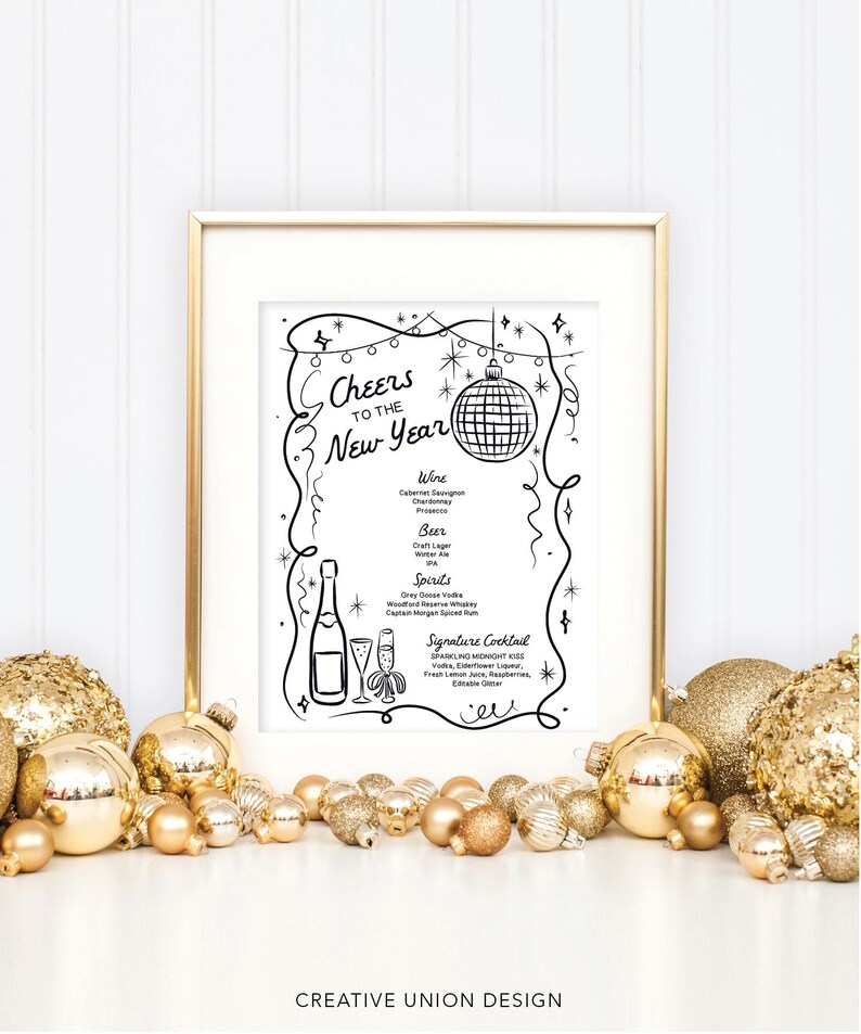 New Years Cocktail Menu Sign Template, New Year's Eve Bar Menu Sign ...