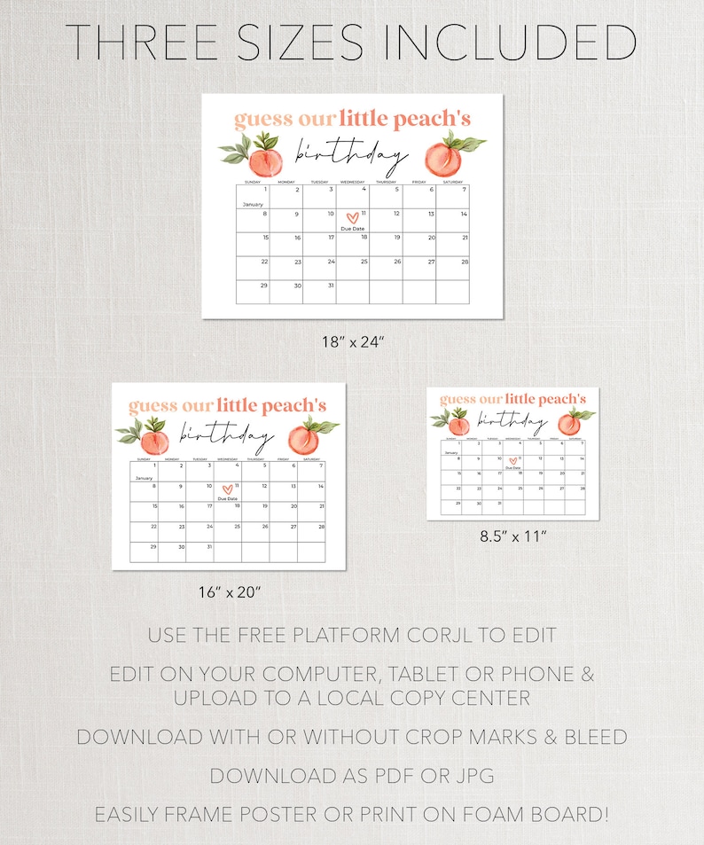 Peach Baby Due Date Calendar Sign Template, Guess the Birthday, Baby ...