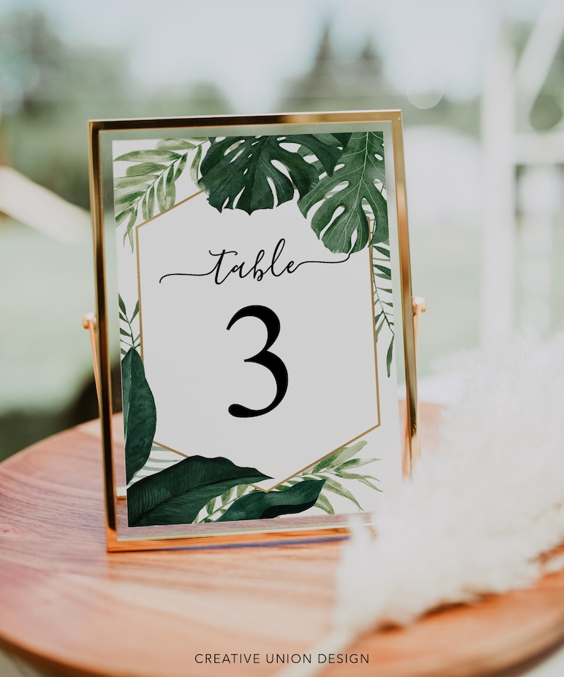 Tropical Monstera Wedding Table Numbers, Wedding Table Number Template ...