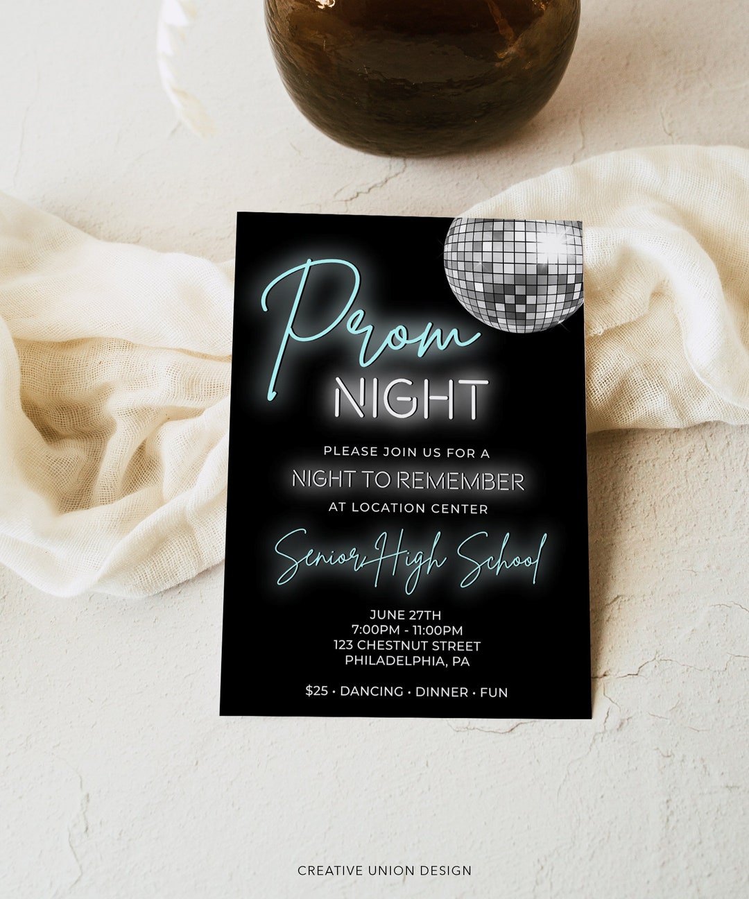 Neon Prom Party Invite Template, Prom Invitation, Disco Prom Party ...