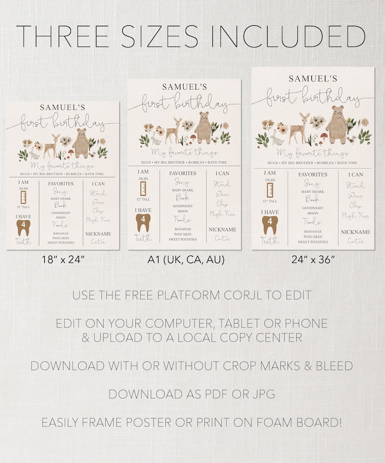 Editable Boho Woodland Birthday Milestone Sign Template - Etsy