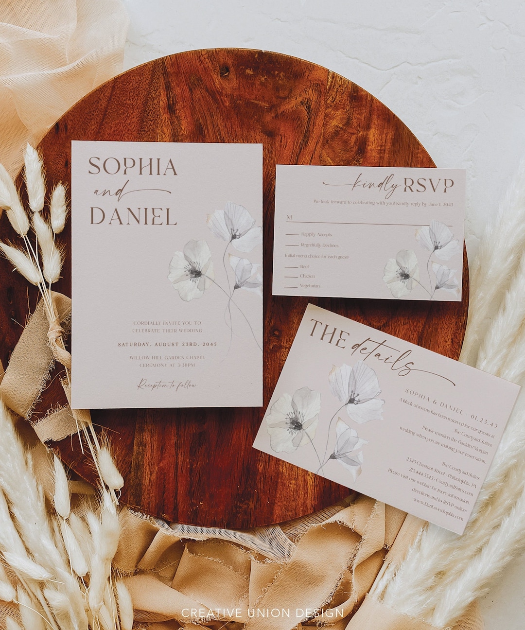 Neutral Minimal Boho Wedding Invitation Template Set, Botanical Floral ...