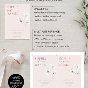 Neutral Minimal Boho Wedding Invitation Template Set, Botanical Floral ...