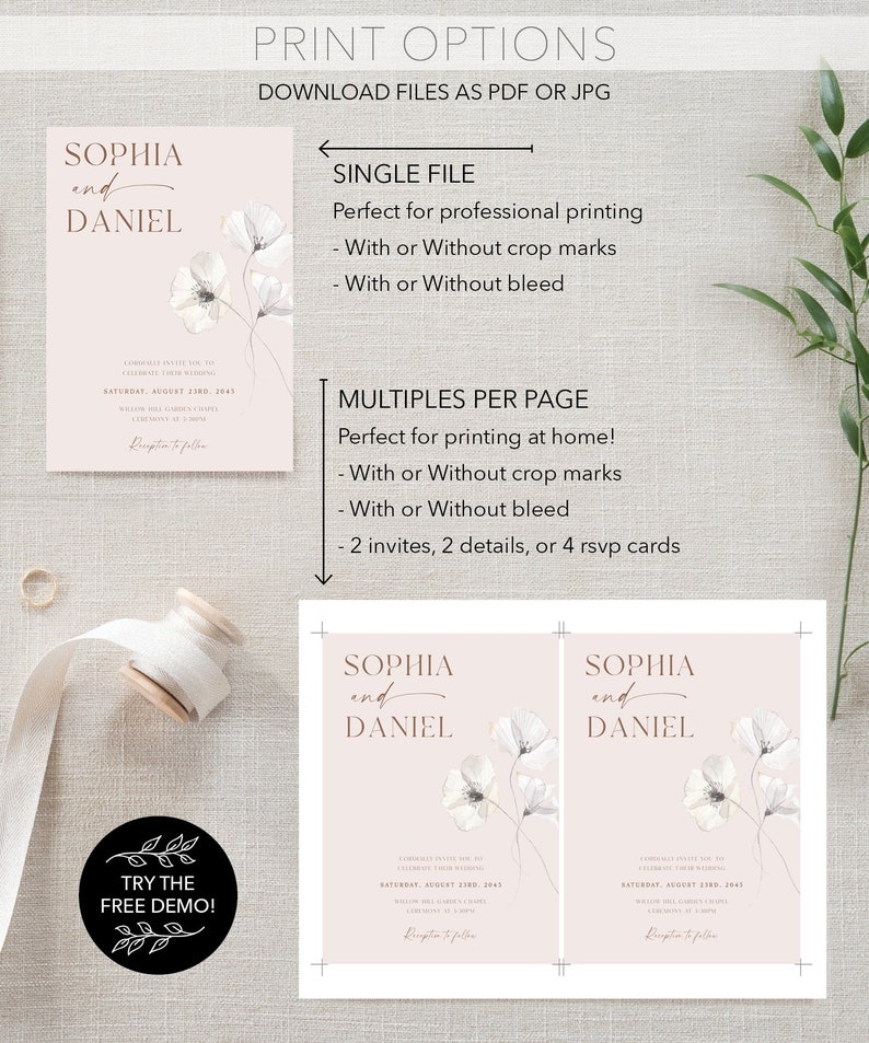 Neutral Minimal Boho Wedding Invitation Template Set, Botanical Floral Wedding Invitation ...