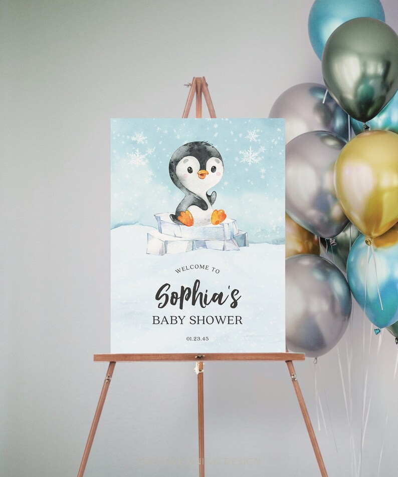 Boy Baby Shower Welcome Sign Template Penguin Welcome Sign - Etsy