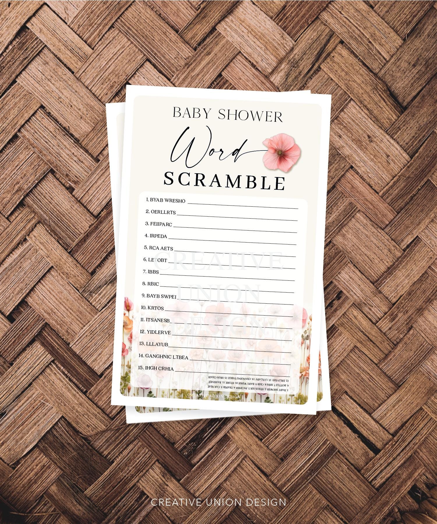 Wildflower Word Scramble, Baby Shower Game, Baby Shower Games, Baby ...