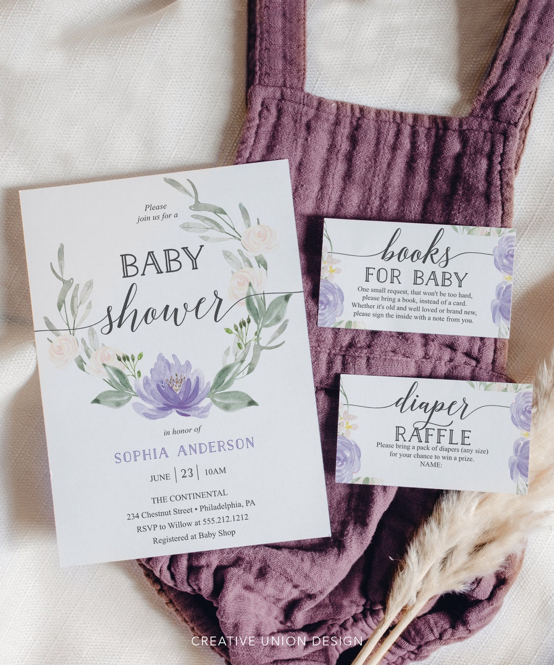 Pastel Purple Baby Shower Invitation Set Template, Printable Editable, Thank You Card, Diaper ...