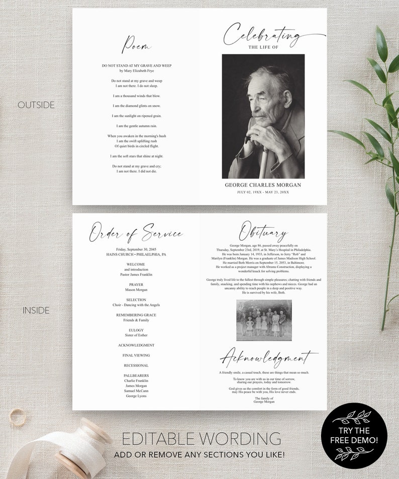Funeral Program Template for Man Printable Celebration of - Etsy