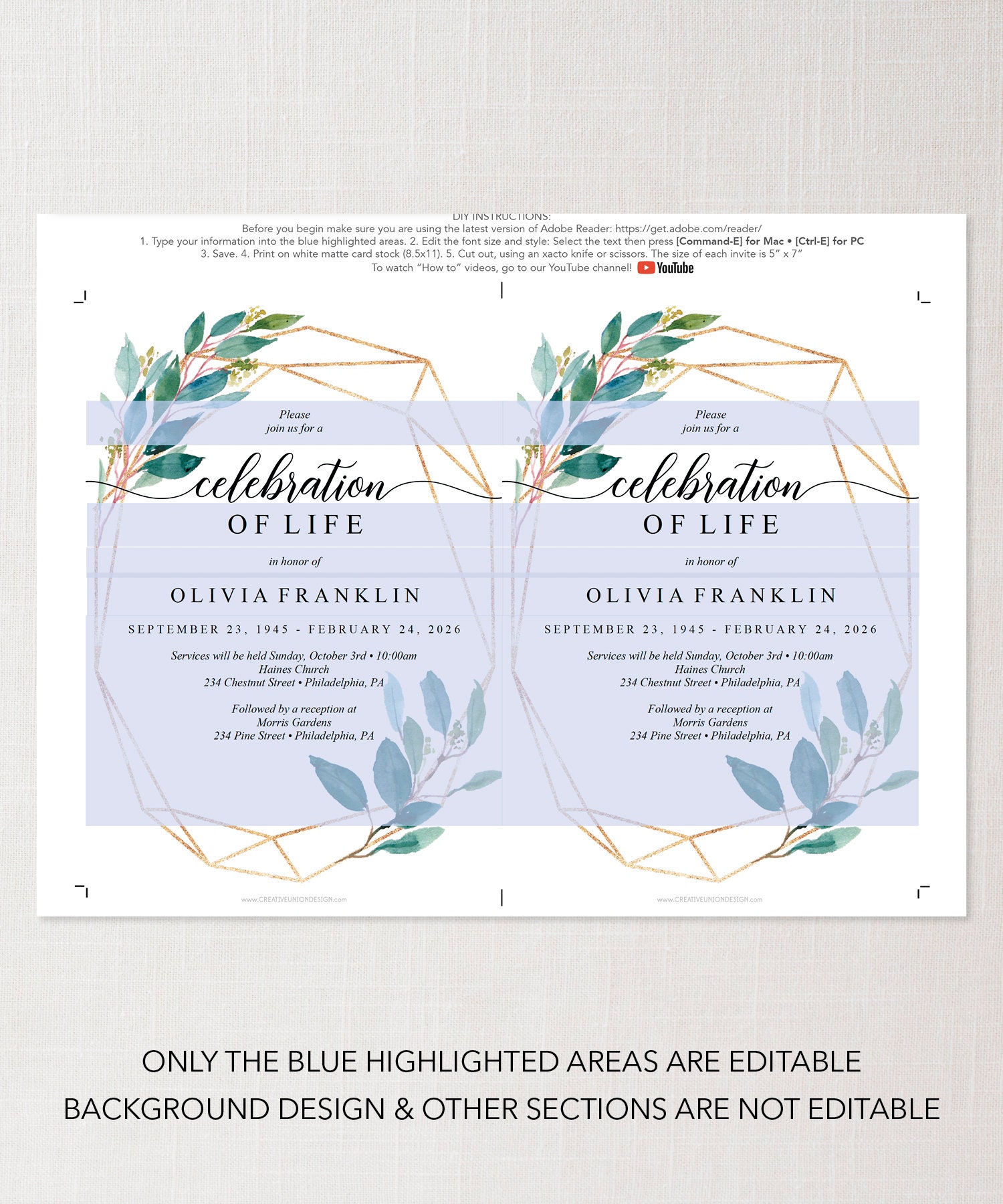 Greenery Celebration of Life Invitation Template, Funeral Invite ...