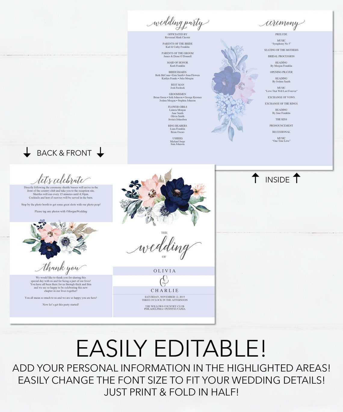 Folded Wedding Program Template Printable Wedding Program | Etsy
