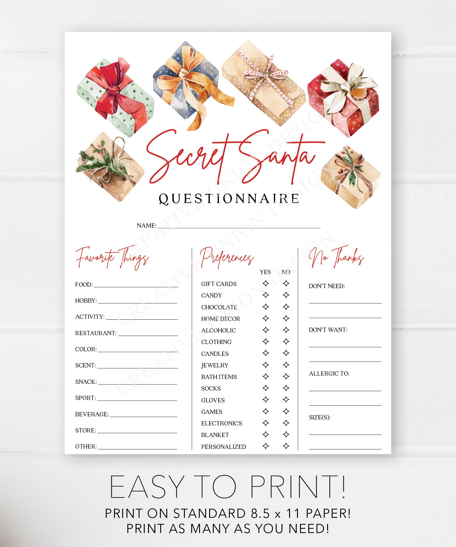 Printable Secret Santa Gift Exchange Questionnaire, Christmas Gift ...