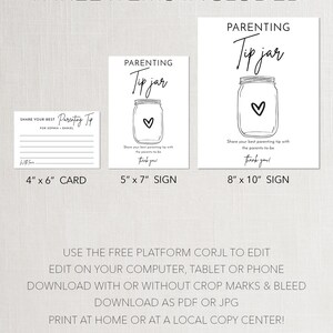 Parenting Tip Jar Sign and Card, Baby Shower Advice, Editable Template ...