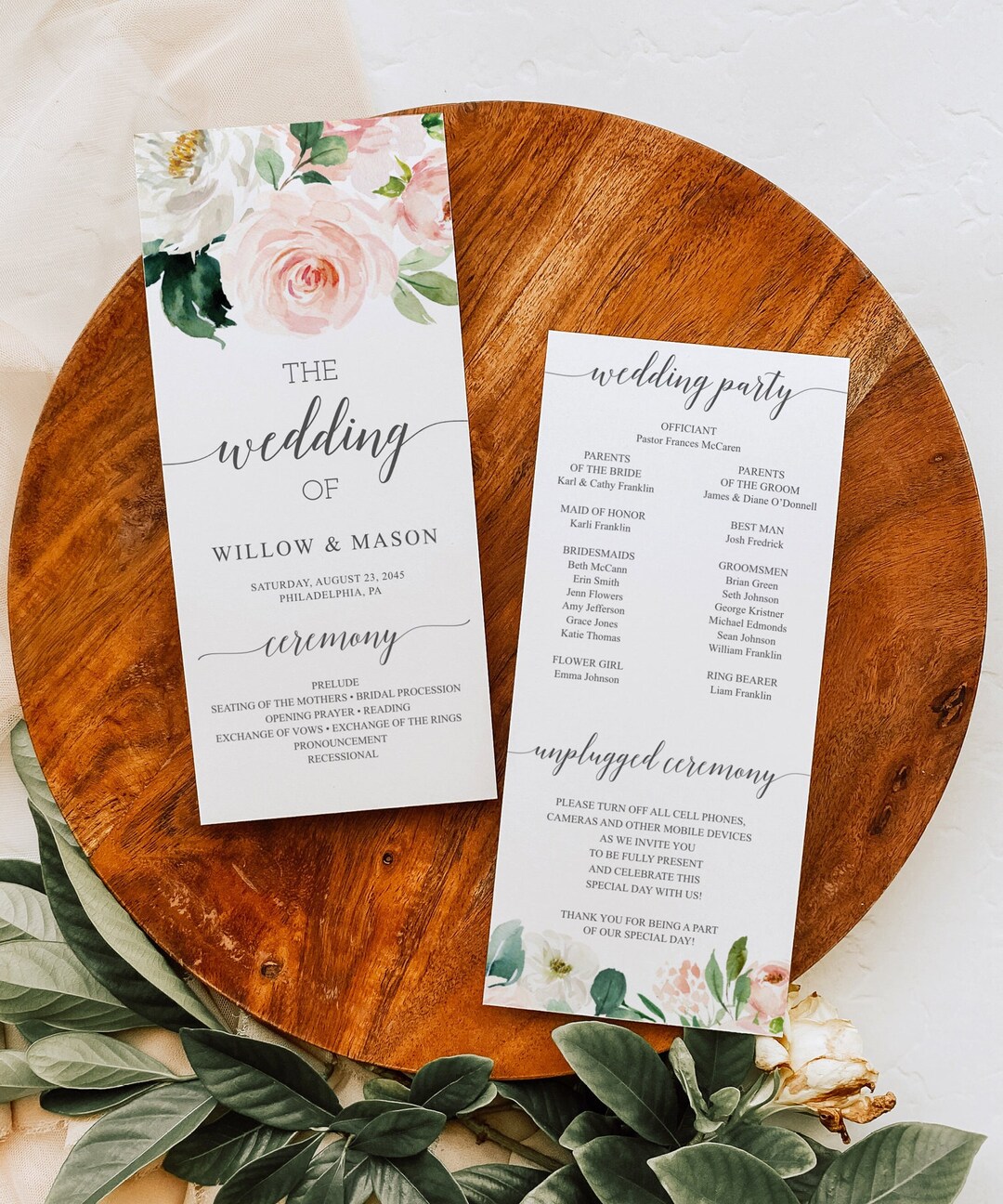 Blushing Blooms Wedding Programs Template, 4x9 Wedding Program, Editable Wedding Program ...