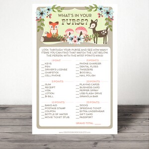 What's in Your Purse Baby Shower Game Woodland Game Fox and Deer Print ...