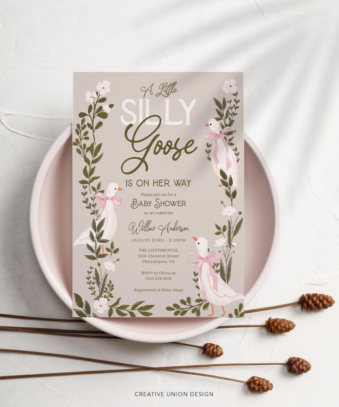 Silly Goose Baby Shower Invite Template Cute Geese Printable Girl Baby ...