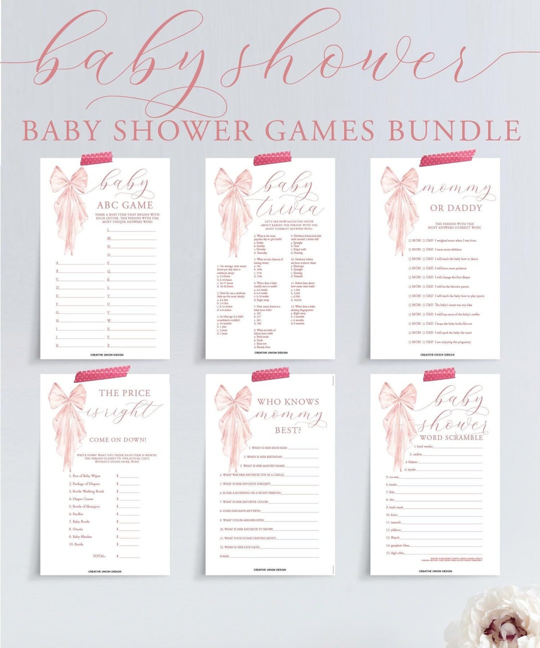 Watercolor Pink Bow Girl Baby Shower Games Bundle, Baby Shower Games ...
