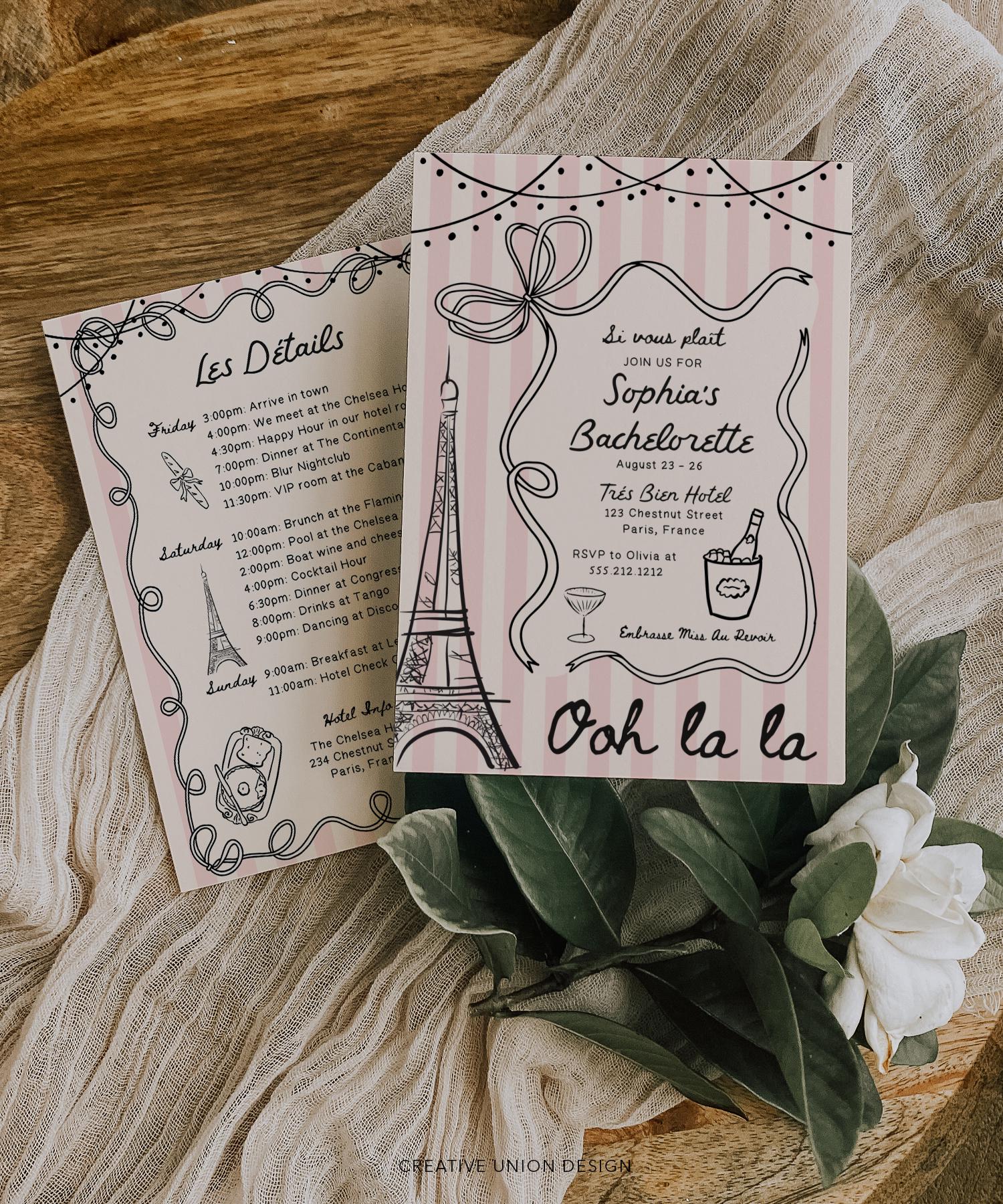 Hand Drawn French Bachelorette Party Invitation and Itinerary Template ...