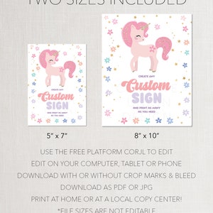 Rainbow Unicorn Editable Custom Sign Template, Custom Birthday Party ...