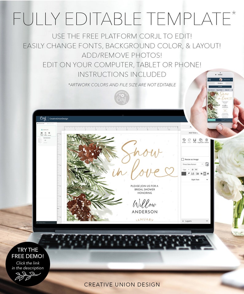 Snow in Love Winter Bridal Shower Invitation Template - Etsy