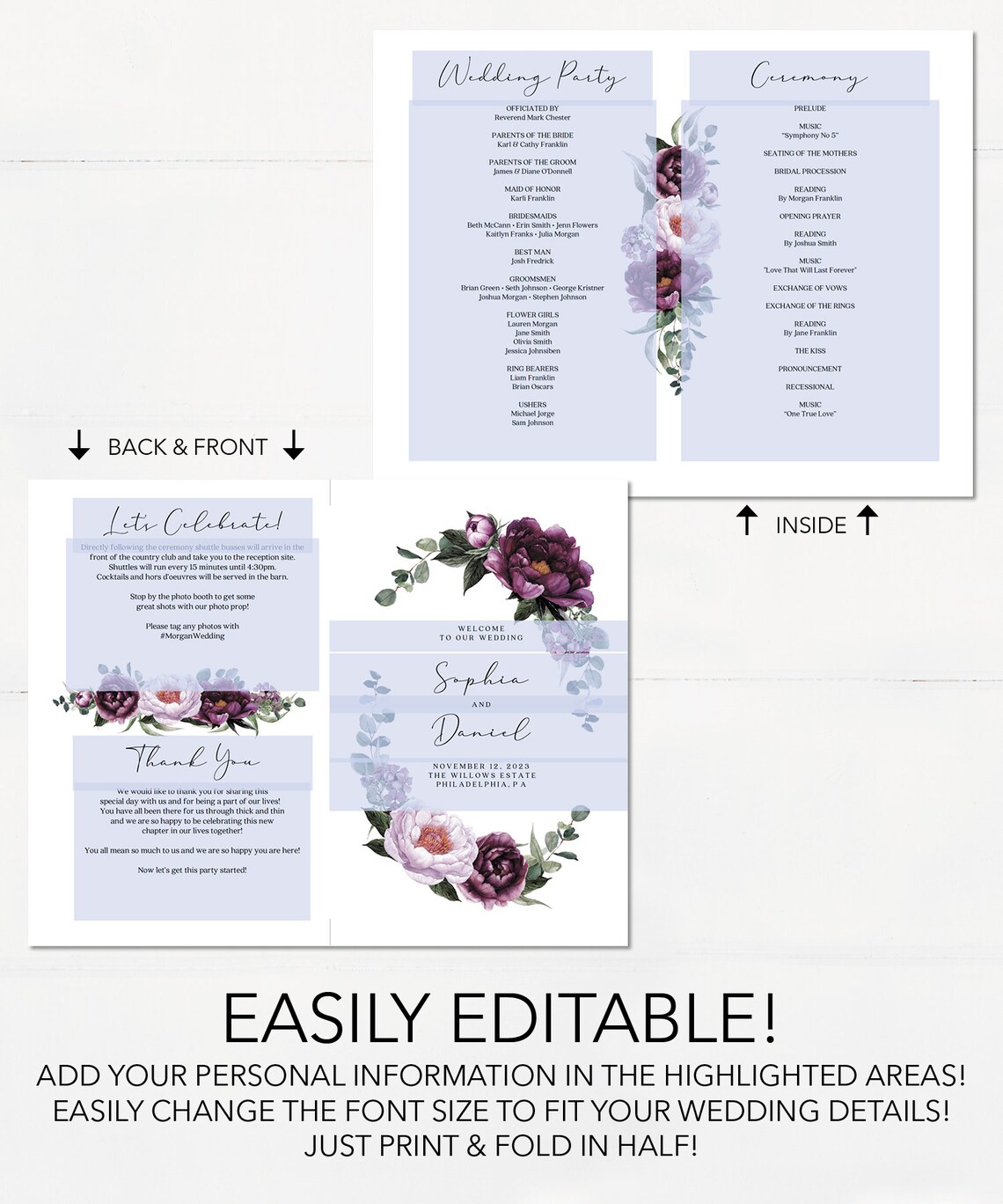 Folded Wedding Program Template Printable Wedding Program | Etsy