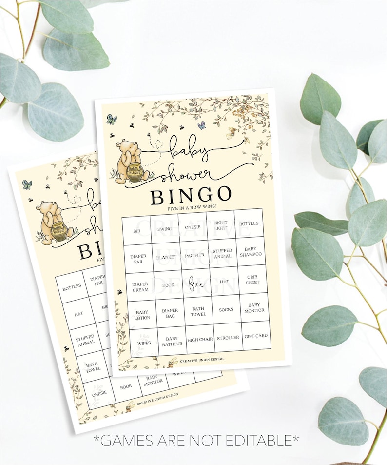 Winnie the Pooh Baby Shower Bingo 60 Unique Game Sheets Baby Shower ...