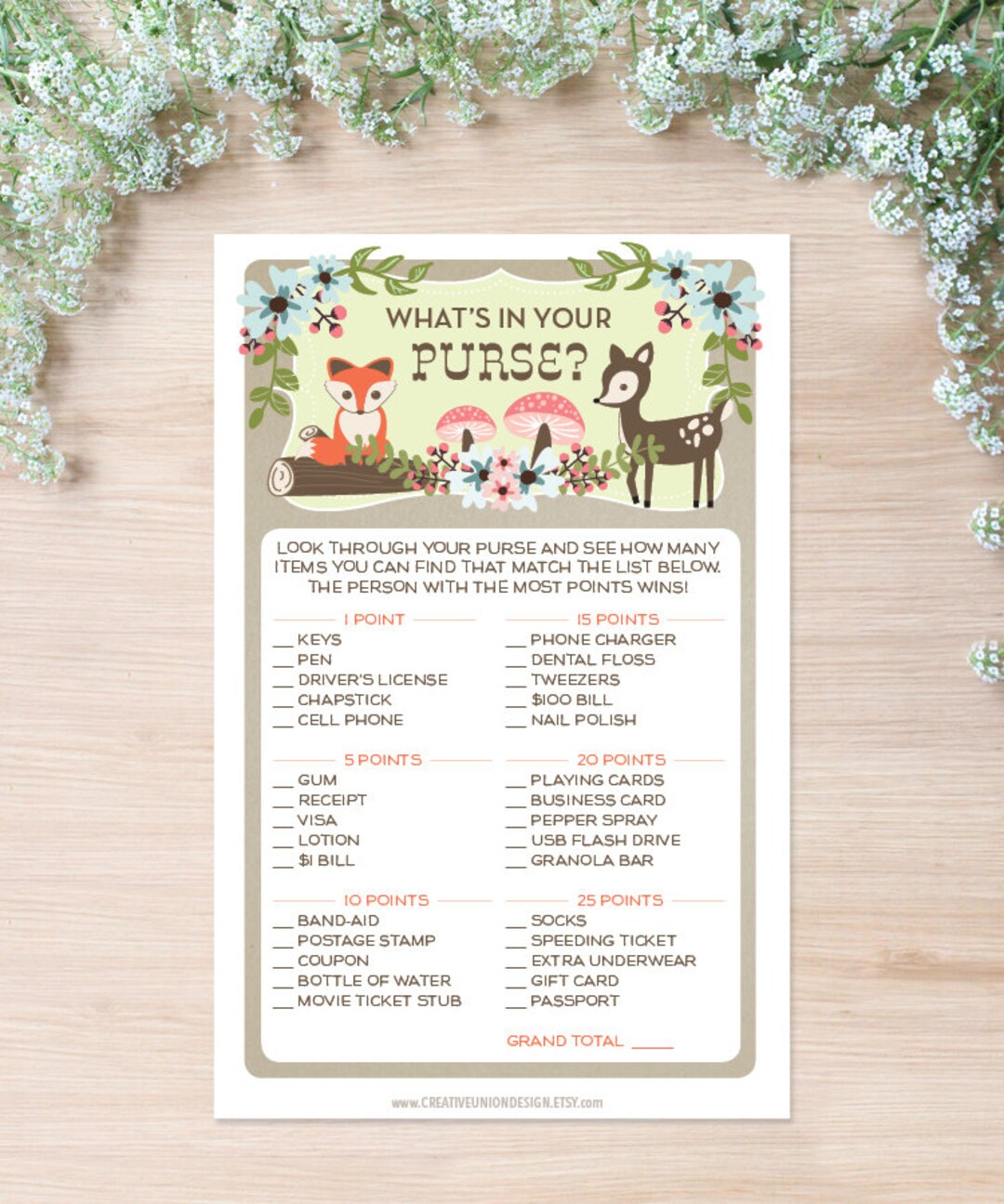 What's in Your Purse Baby Shower Game Woodland Game Fox and Deer Print ...