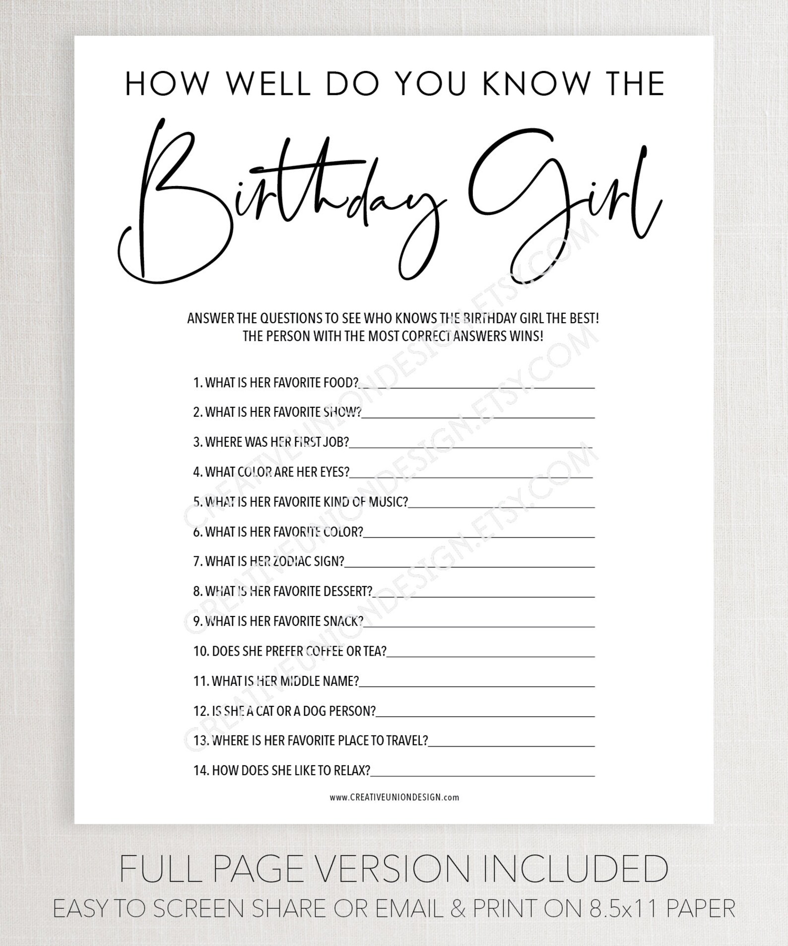 How Well Do You Know the Birthday Girl Virtual Game Virtual - Etsy