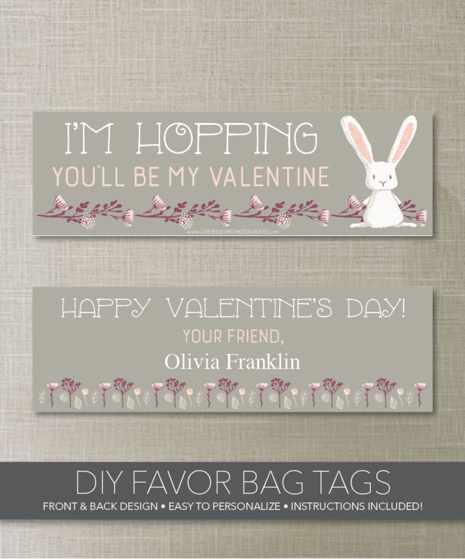 Valentine's Day Favor Bag Toppers - Bunny Treat Bag Labels (instant ...