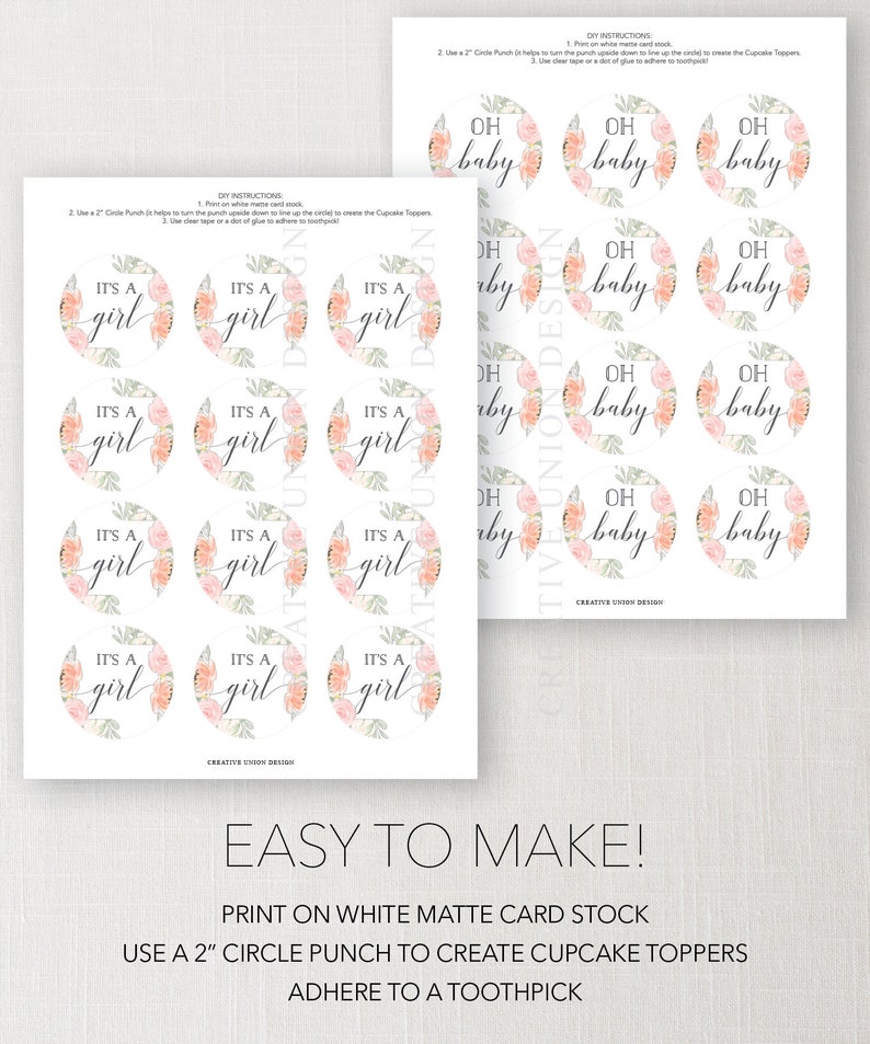Cupcake Toppers Printable It's A Girl Baby Shower - Etsy