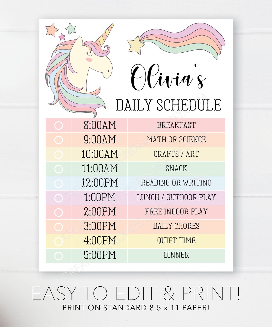 Editable Daily Schedule for Kids Unicorn Daily Routine | Etsy