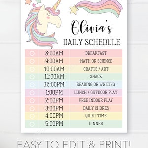 Editable Daily Schedule for Kids Unicorn Daily Routine Kid's Schedule ...