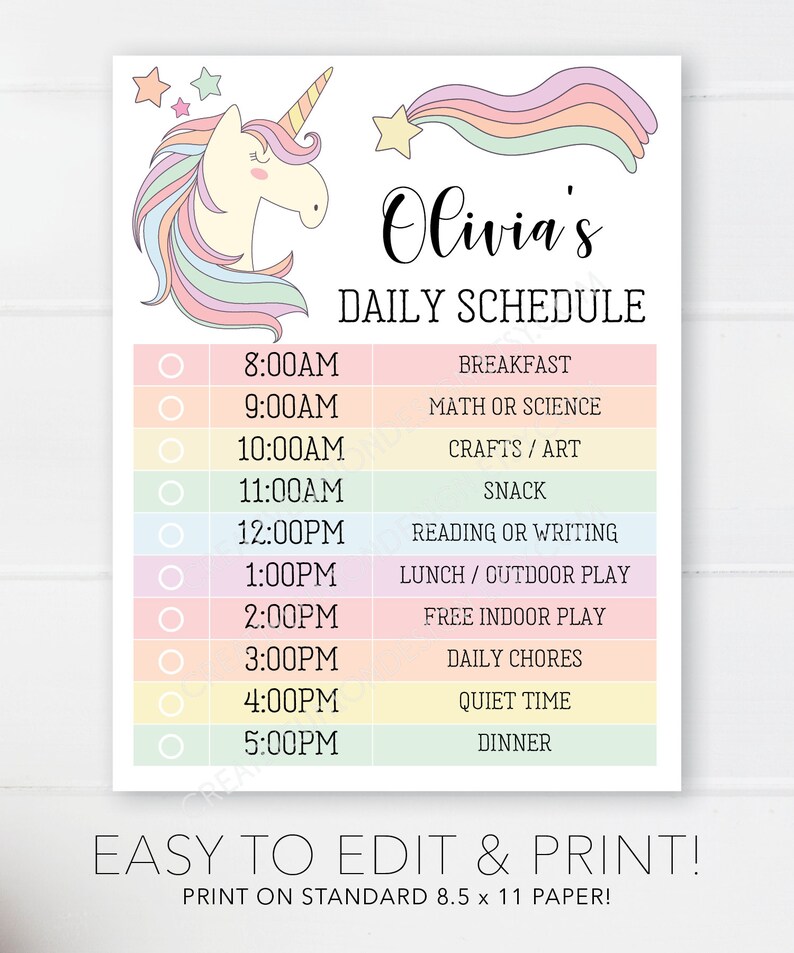 Editable Daily Schedule for Kids Unicorn Daily Routine - Etsy