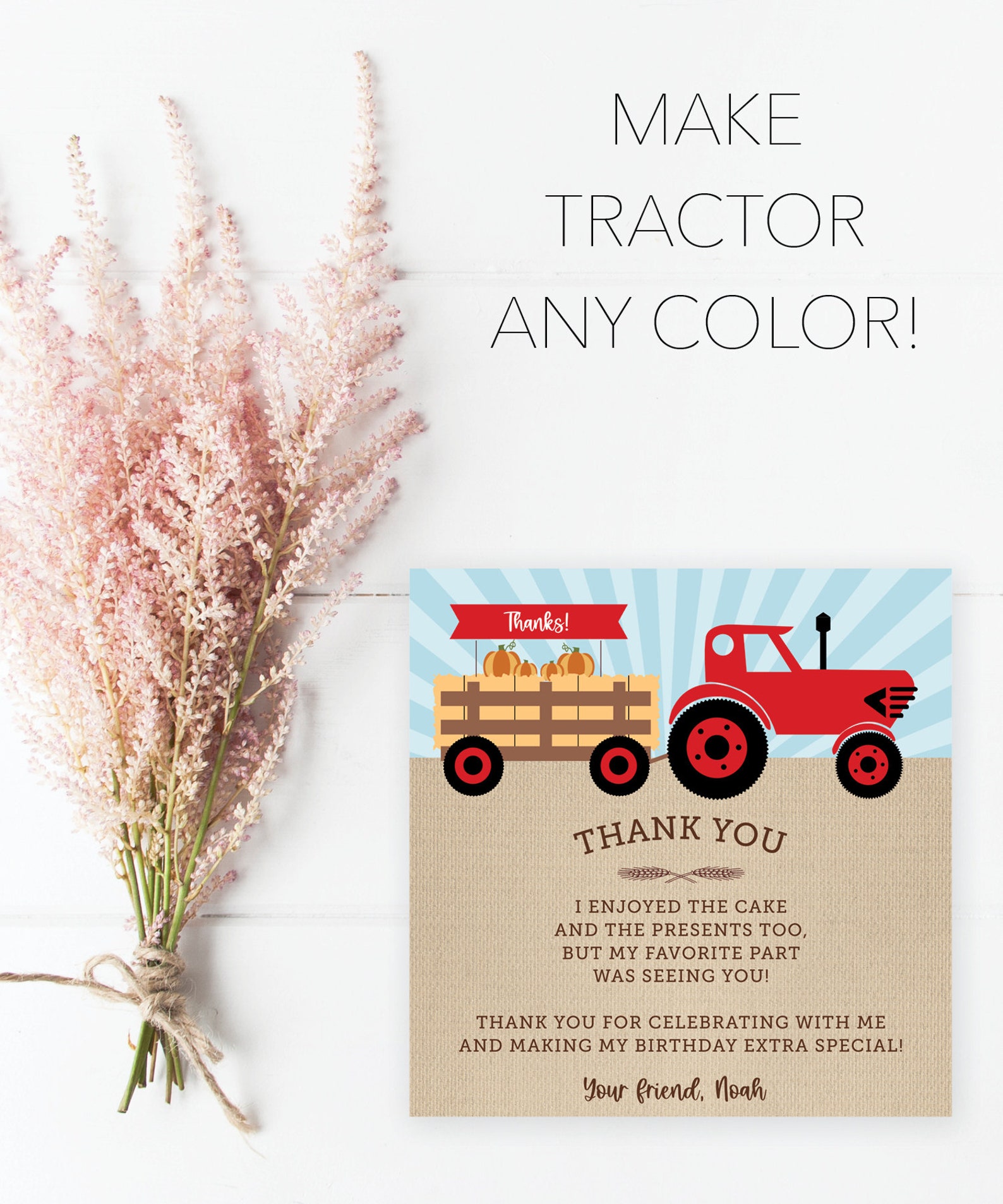 Editable Tractor Birthday Thank You Card Template Printable - Etsy