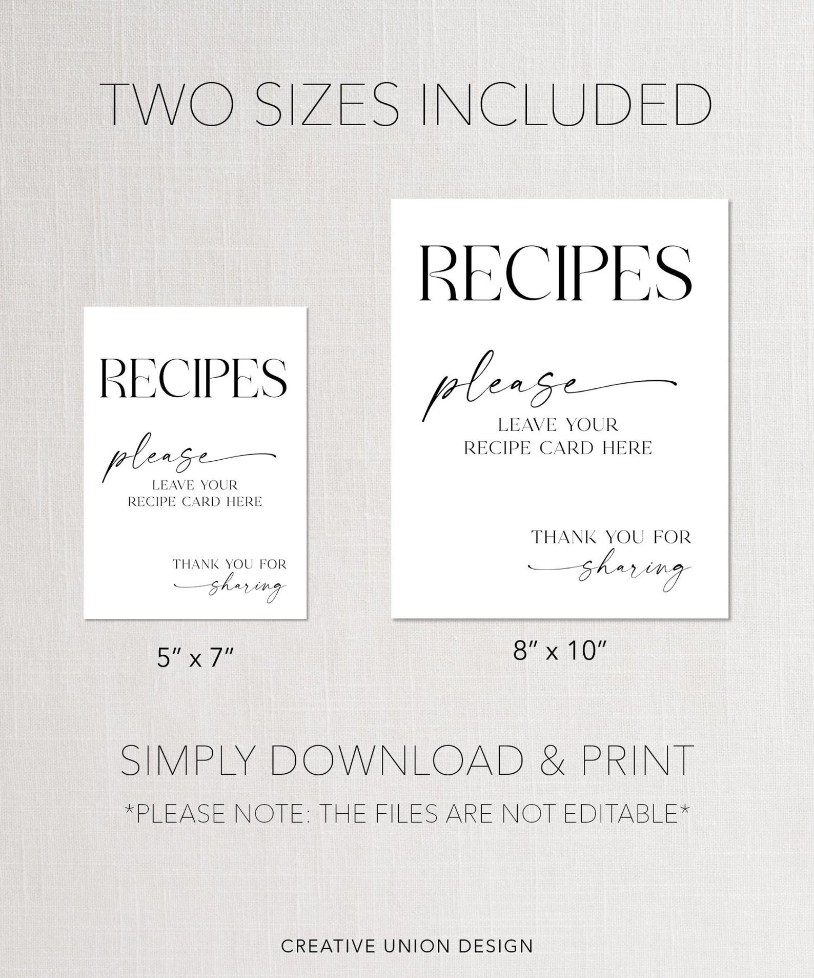 Recipes Table Sign File, Printable Sign, Minimalist Bridal Shower Sign ...