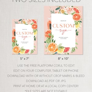 Tropical Citrus Custom Sign Template, Editable Bridal Shower Sign ...