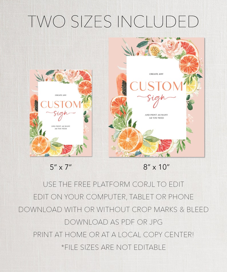Tropical Citrus Custom Sign Template Editable Bridal Shower - Etsy