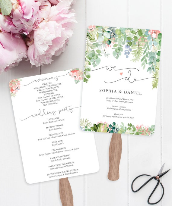Soft Greenery Wedding Program Fan - Printable Program Fan Template ...