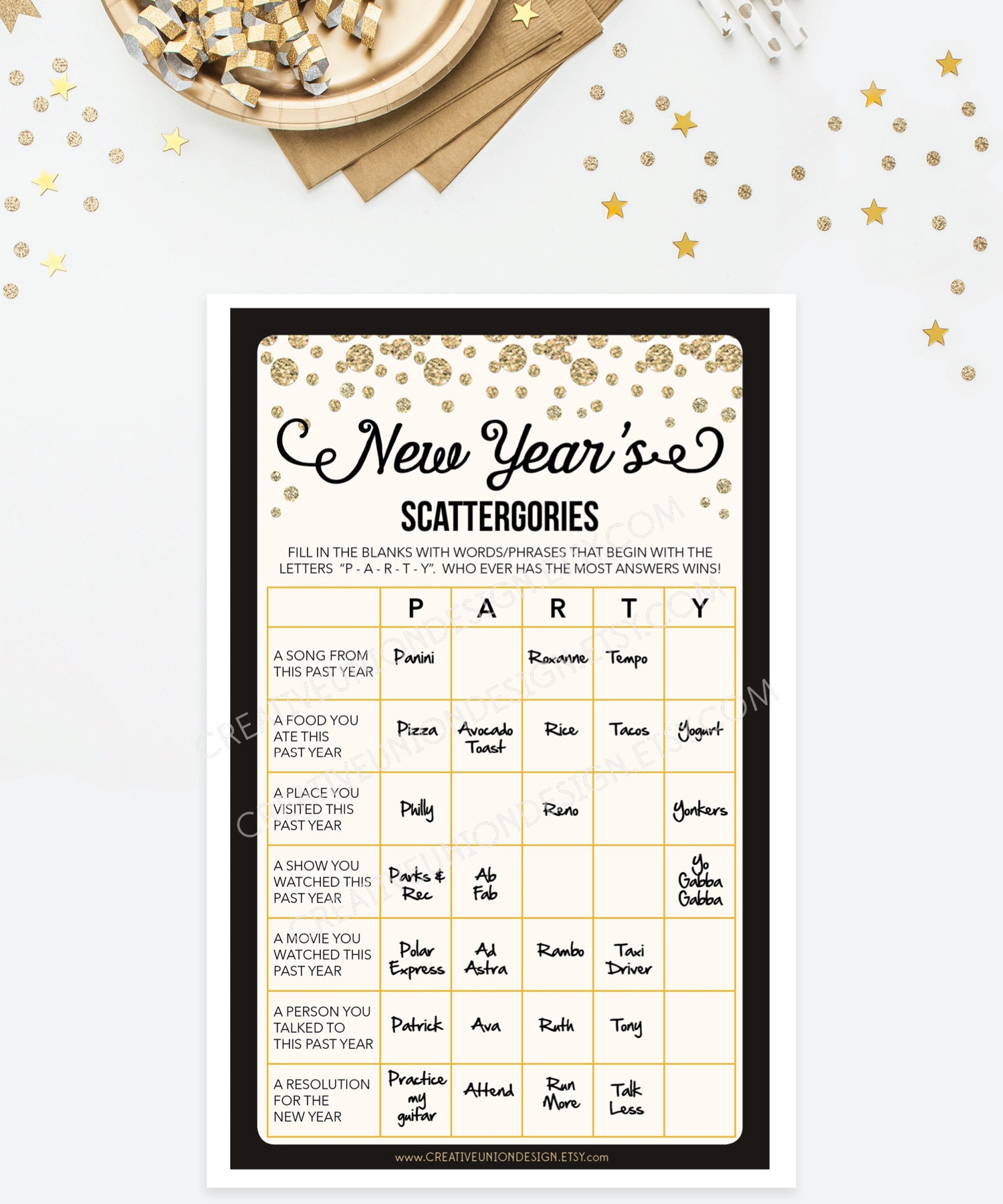 New Years Eve Game - New Year's Eve Party Ideas - Scattergories ...