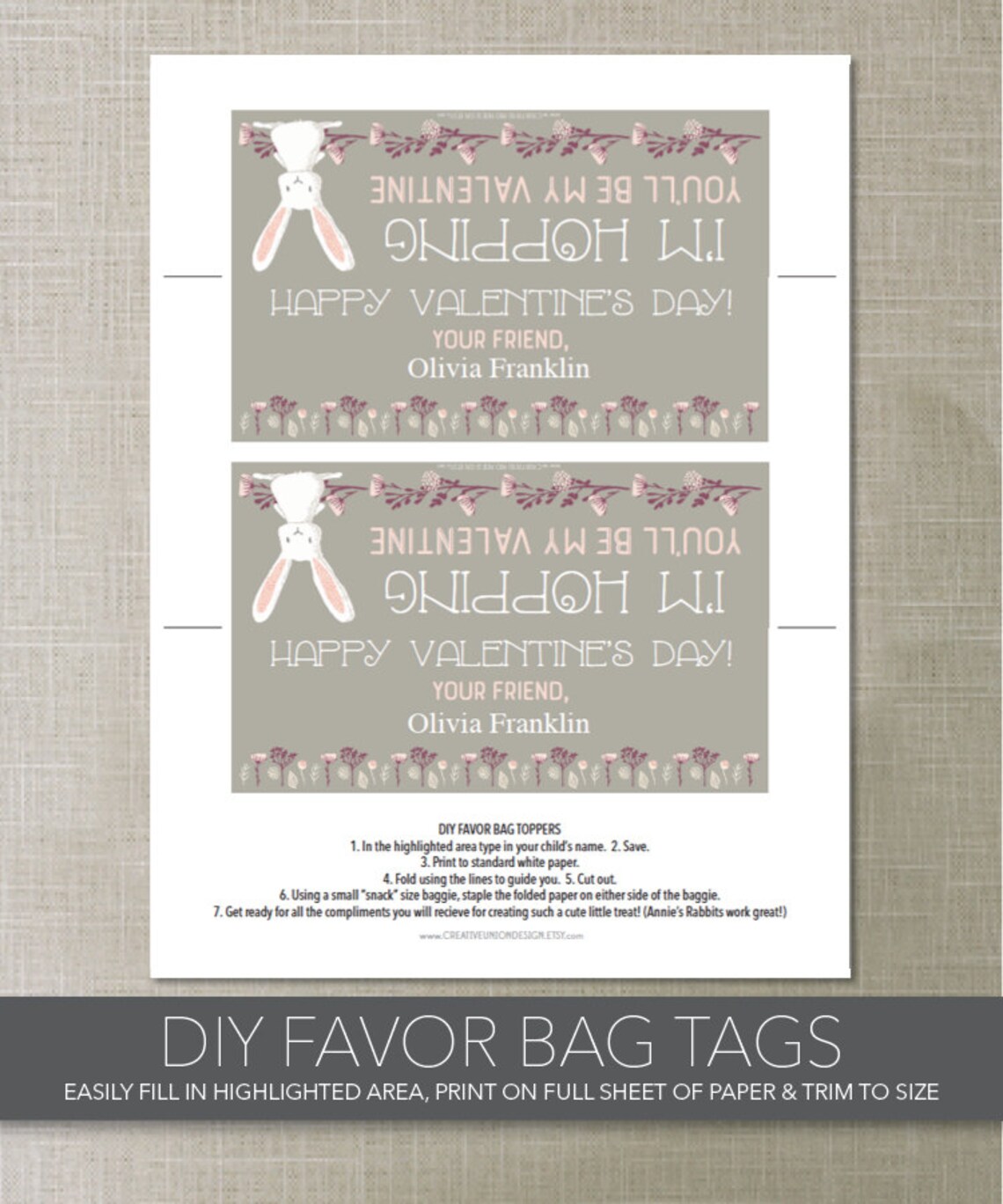 Valentine's Day Favor Bag Toppers - Bunny Treat Bag Labels (instant ...