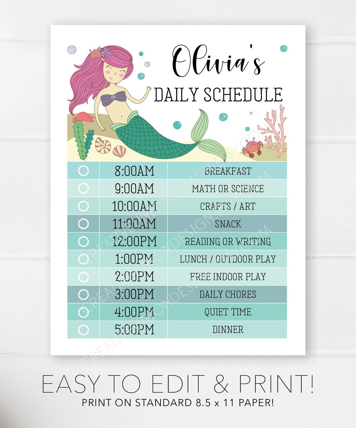 Editable Daily Schedule for Kids Mermaid Daily Routine | Etsy