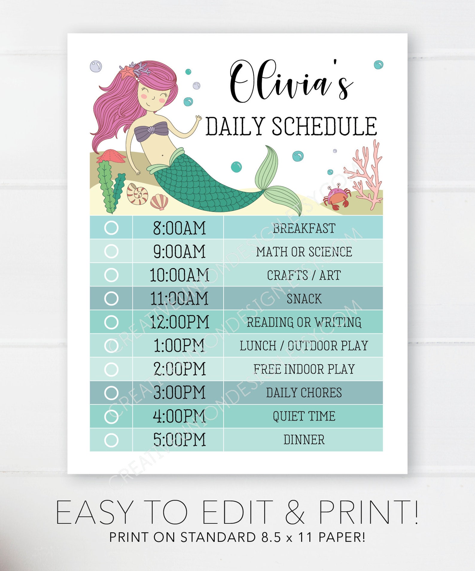 Editable Daily Schedule for Kids Mermaid Daily Routine | Etsy