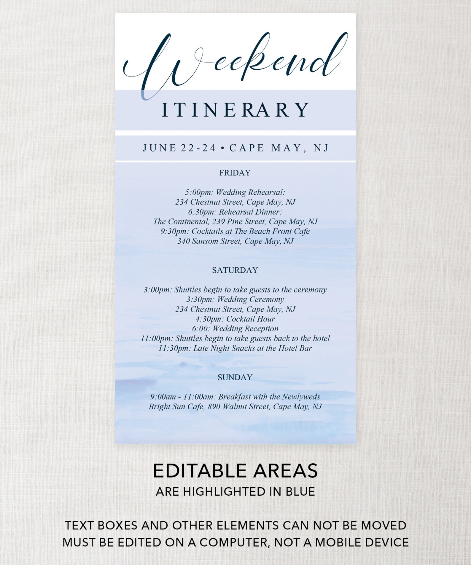 Beach Weekend Itinerary Template Digital Schedule Wedding - Etsy