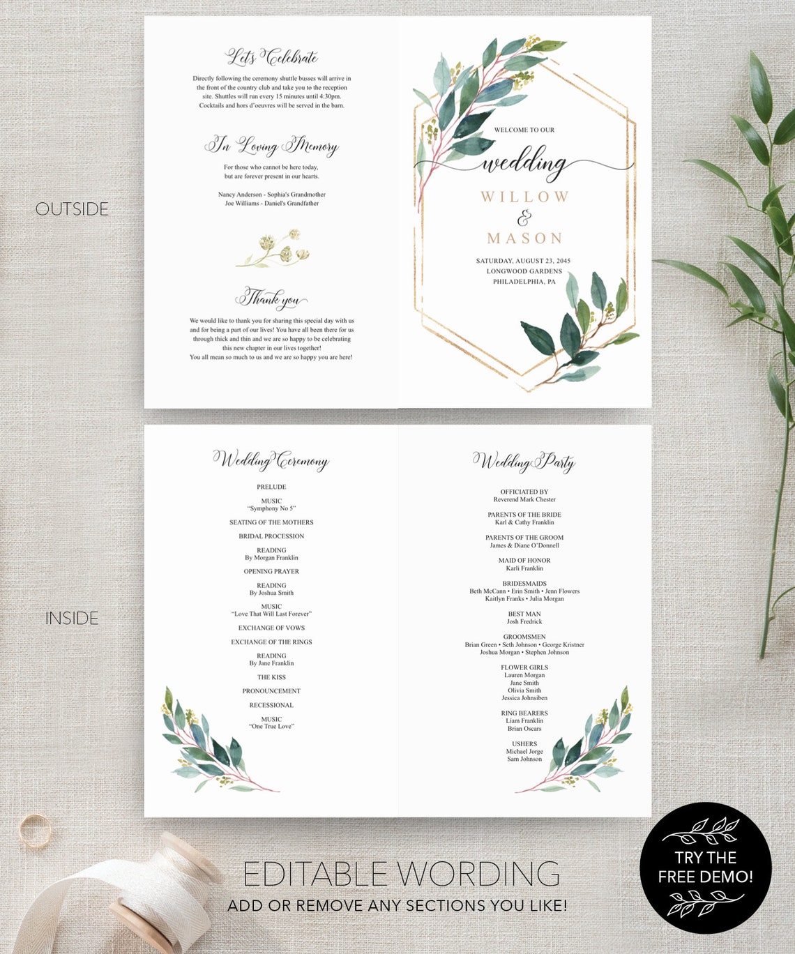 Folded Wedding Program Template, Printable Greenery Wedding Programs ...