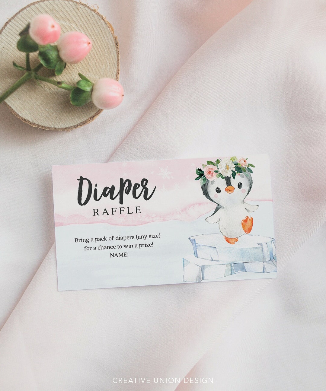 Diaper Raffle, Penguin Girl Baby Shower Diaper Raffle, Printable Diaper ...